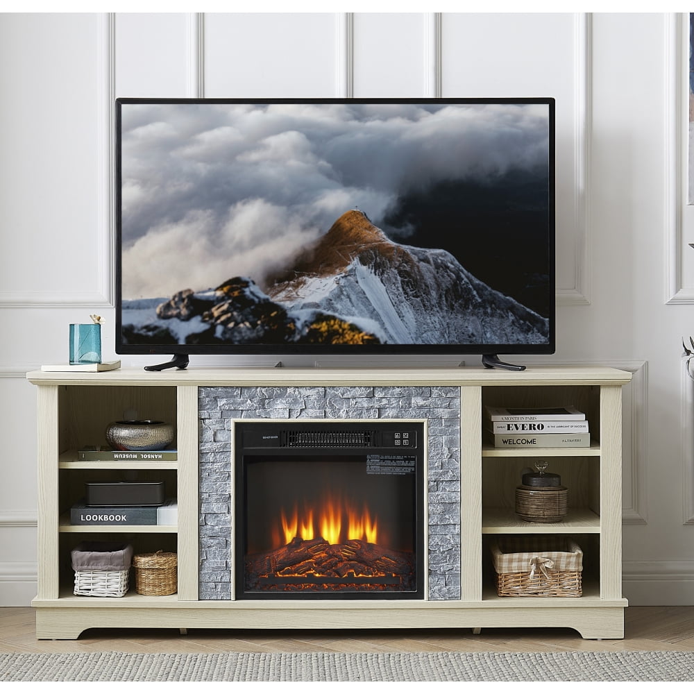 Electric Fireplace Stone TV Media Stand, Open Storage Modern ...