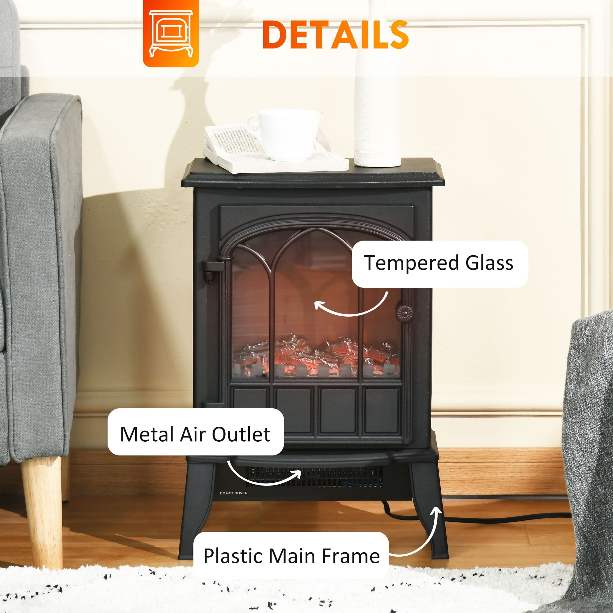 Electric Fireplace Stove, Freestanding Fire Place Heater with LED Flame ...