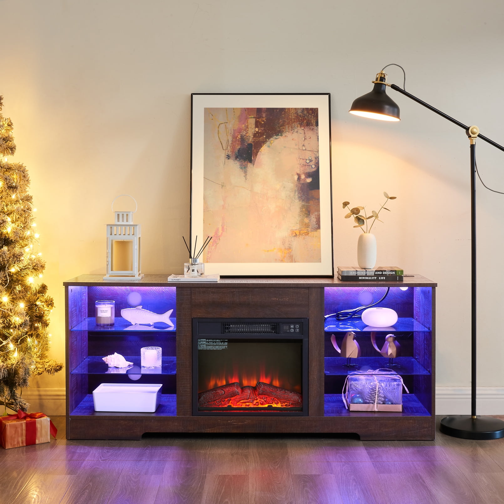 Electric Fireplace TV Stand with Adjustable Glass Shelves, Modern 3D ...