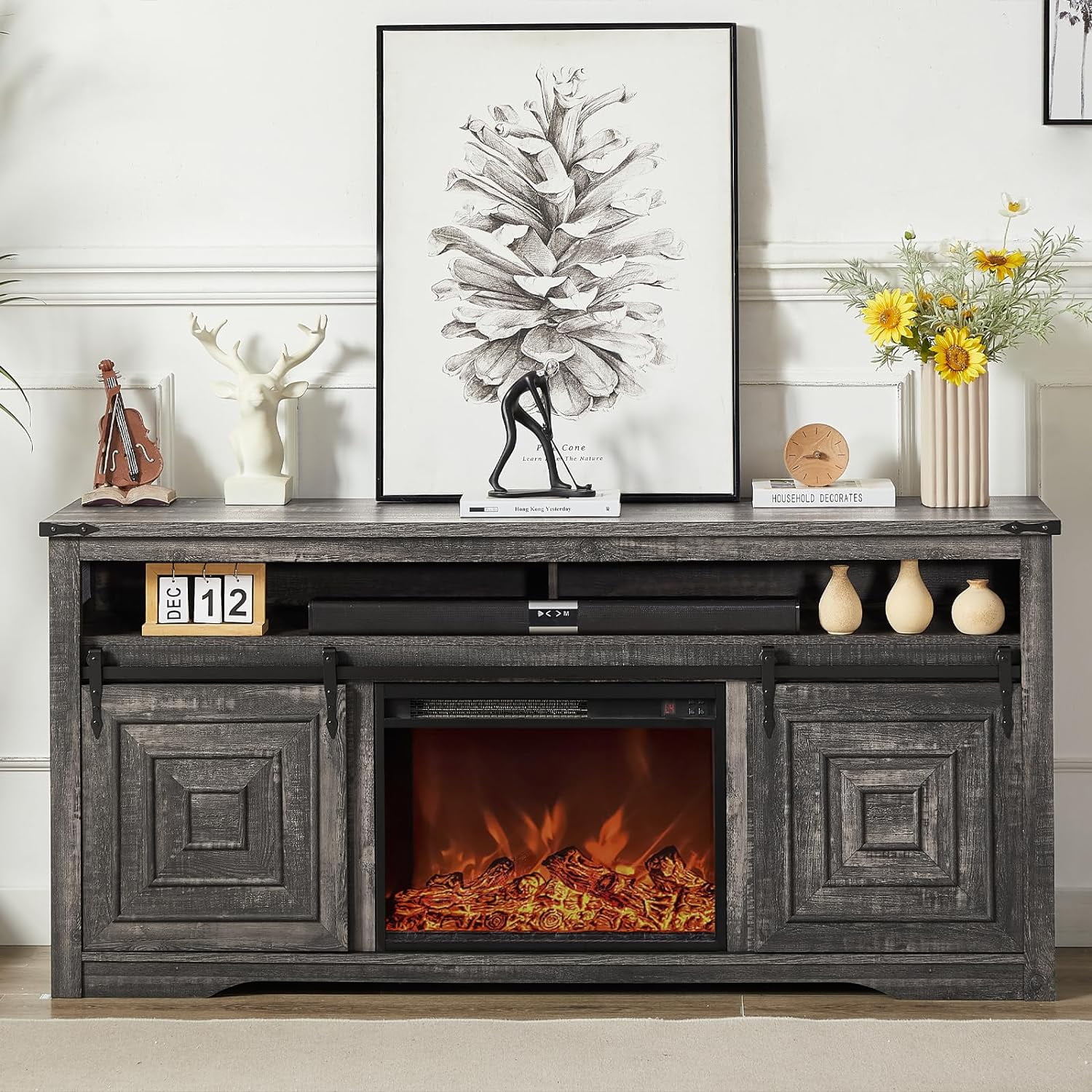 Electric Fireplace TV Stand for 75inch TV, Farmhouse Entertainment ...