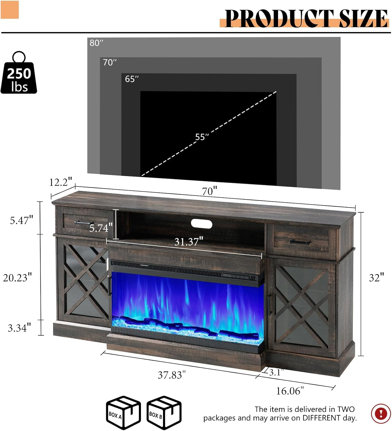 Electric Fireplace TV Stand with 3-Sided Glass, Large Entertainment ...