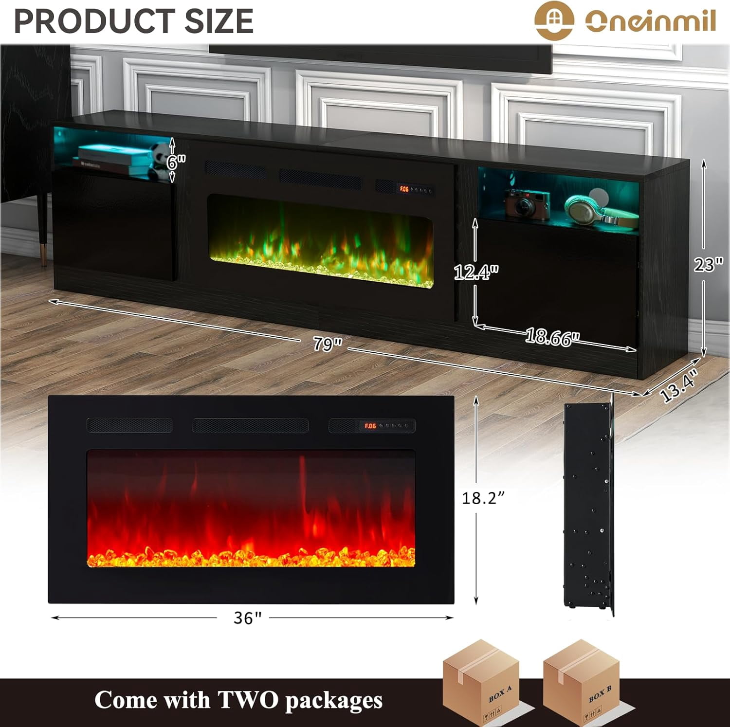 Electric Fireplace TV Stand with 36" LED Flame, Modern Wood Texture, 80 ...