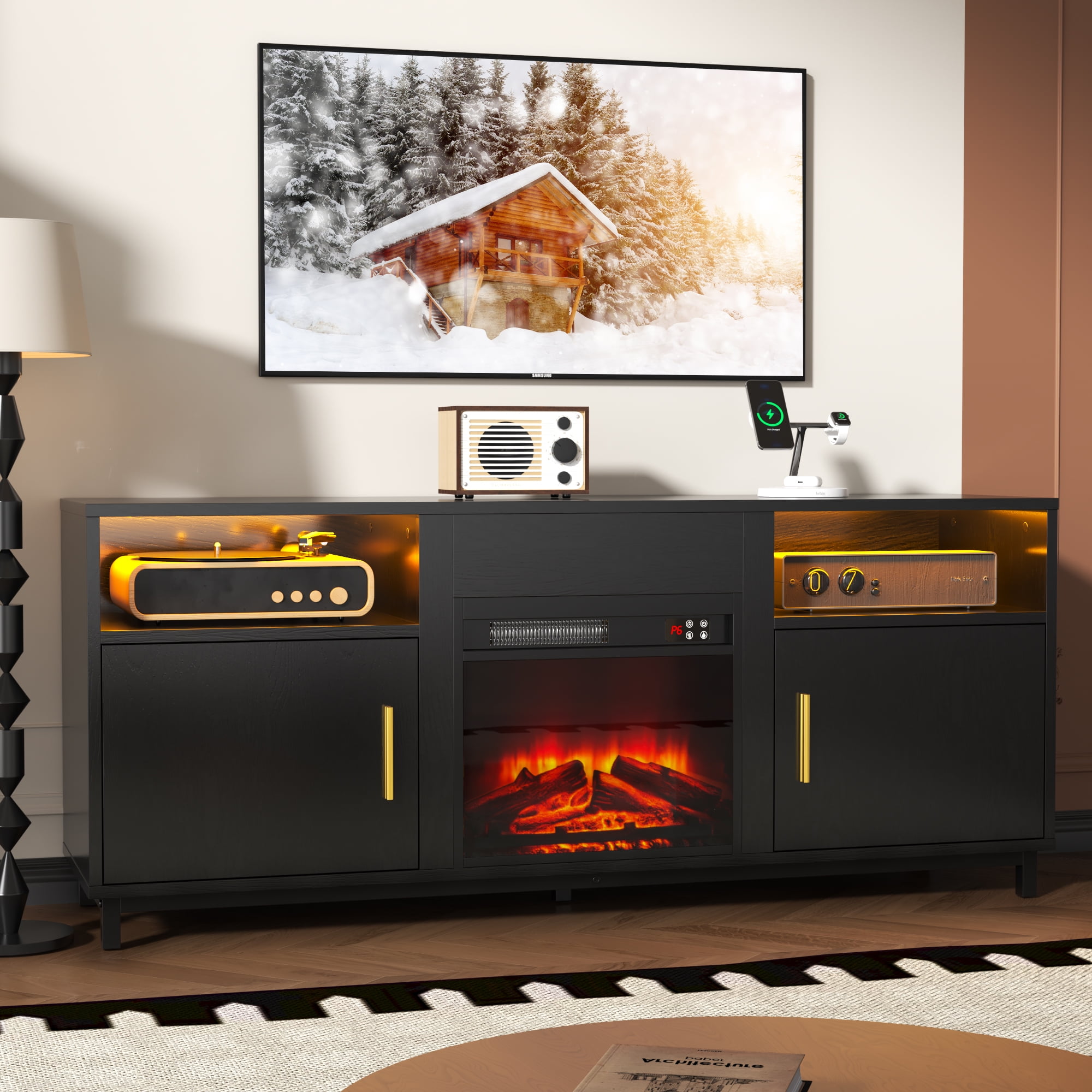 Electric Fireplace TV Stand with Led Lights and Power Outlets, Media ...