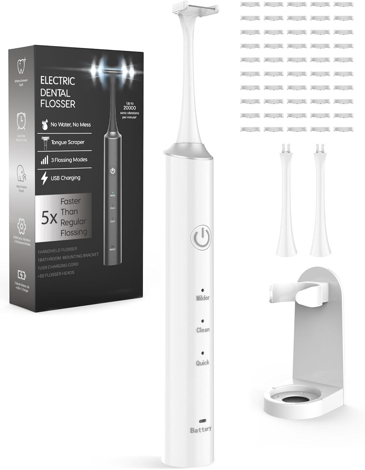 Electric Flosser with 3 Speeds & 50pcs Replacement Heads - Water Floss ...