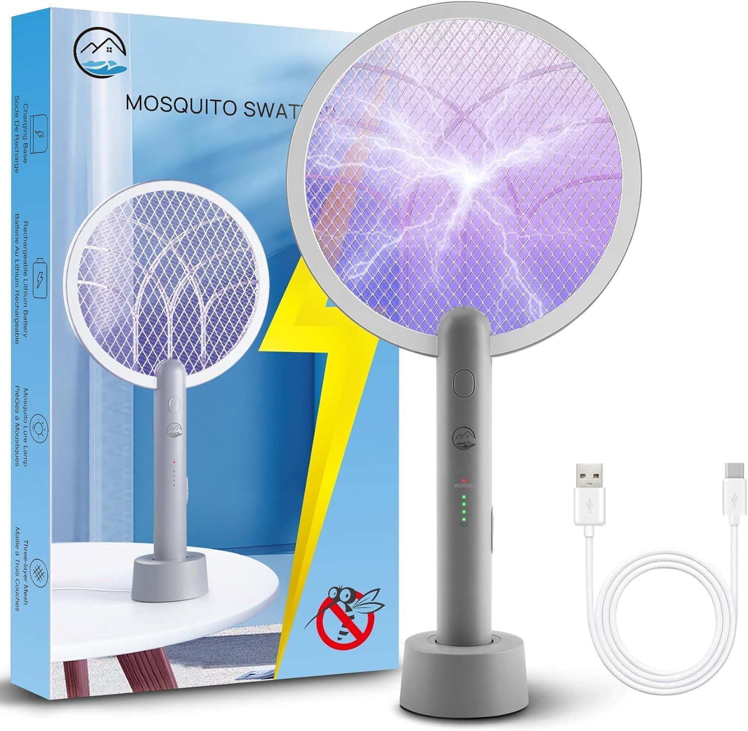 Electric Fly Swatter Racket, 2 in 1 Bug Zapper with Type-C Rechargeable ...
