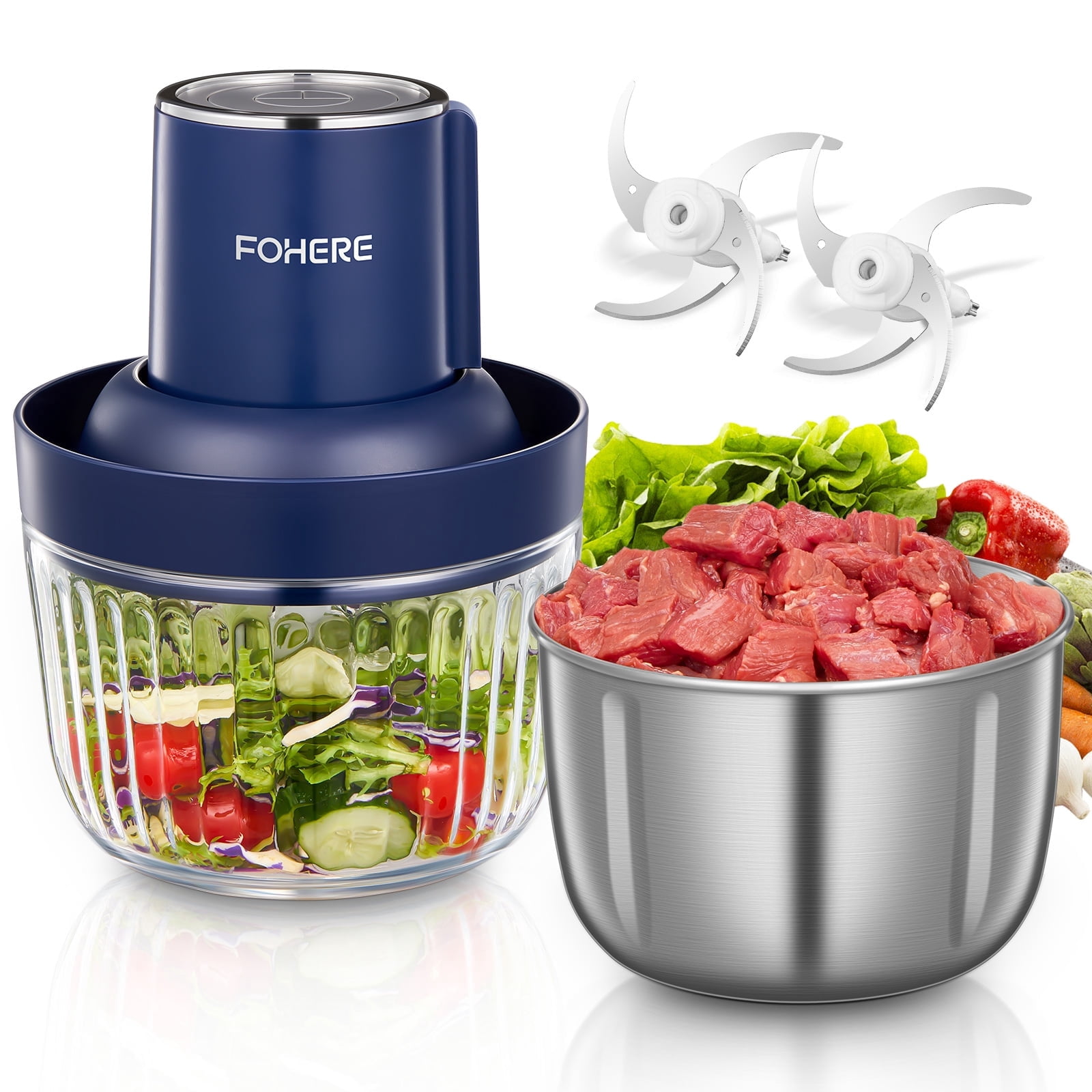 Electric Food Chopper with 2 Bowls/2L, 2 Sets Blades, FOHERE Meat ...