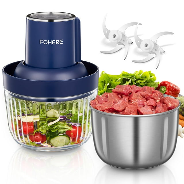 Electric Food Chopper with 2 Bowls/2L, 2 Sets Blades, FOHERE Meat Grinder & Veggie Chopper, Blue ...