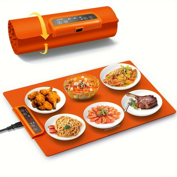 Electric Food Warmer Tray – Rollable Silicone Mat, Adjustable Temp, Auto Shut-Off, 110V Digital ...