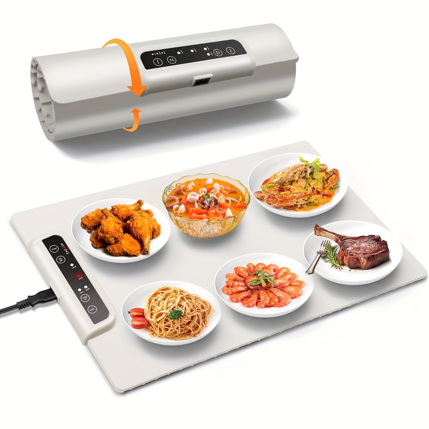 Electric Food Warmer Tray – Rollable Silicone Mat, Adjustable Temp, Auto Shut-Off, 110V, Digital ...