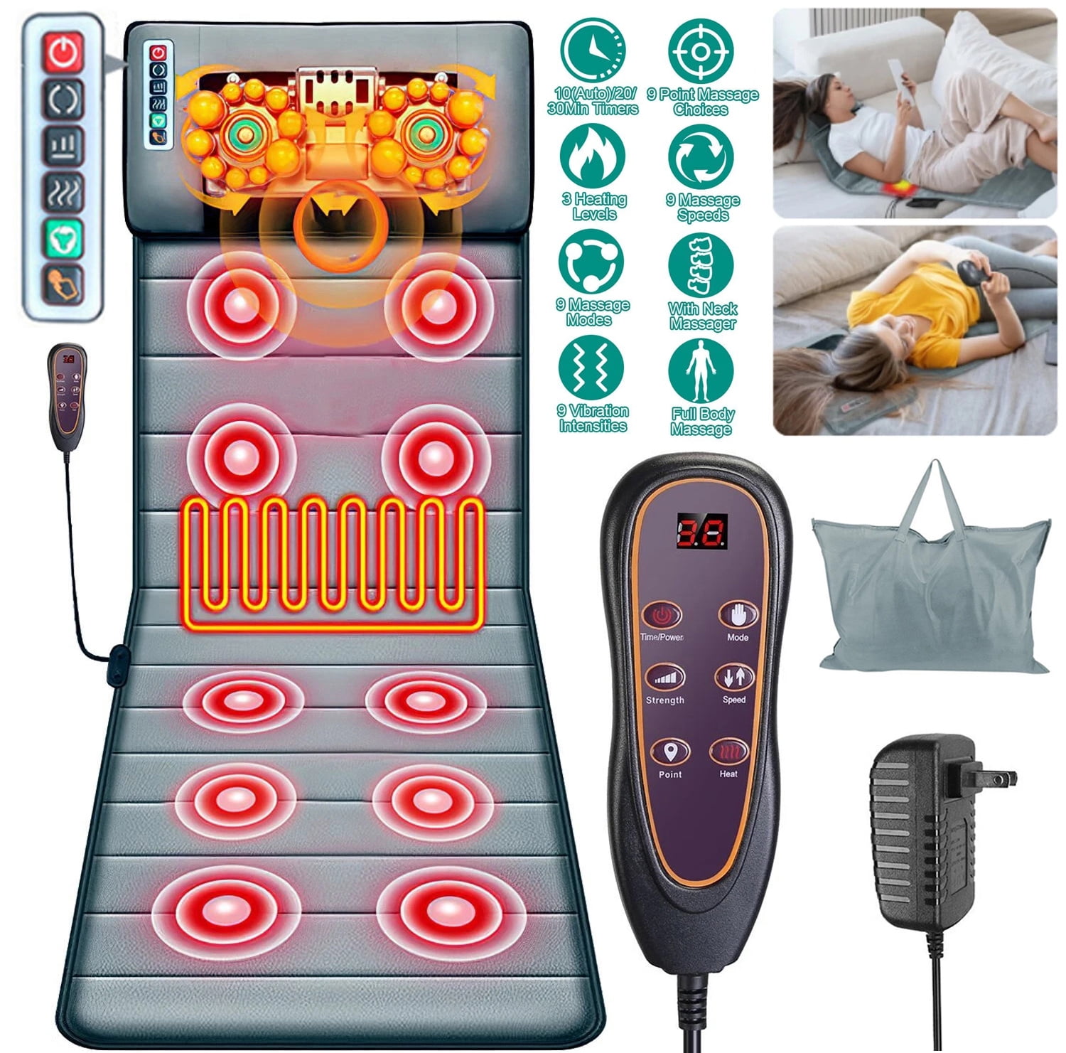 Electric Full Body Massage Mat with Heating, 10 Massage Points & Neck ...