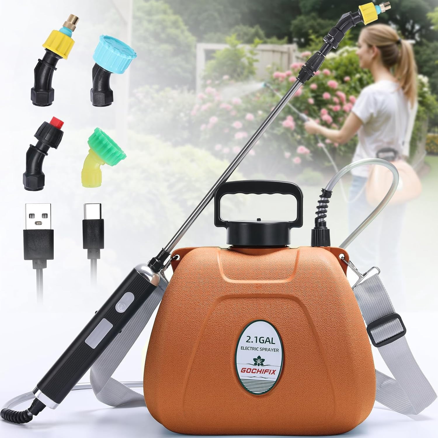 Electric Garden Sprayer 2.1 Gallon, 4 Mist Nozzles, Telescopic Wand ...