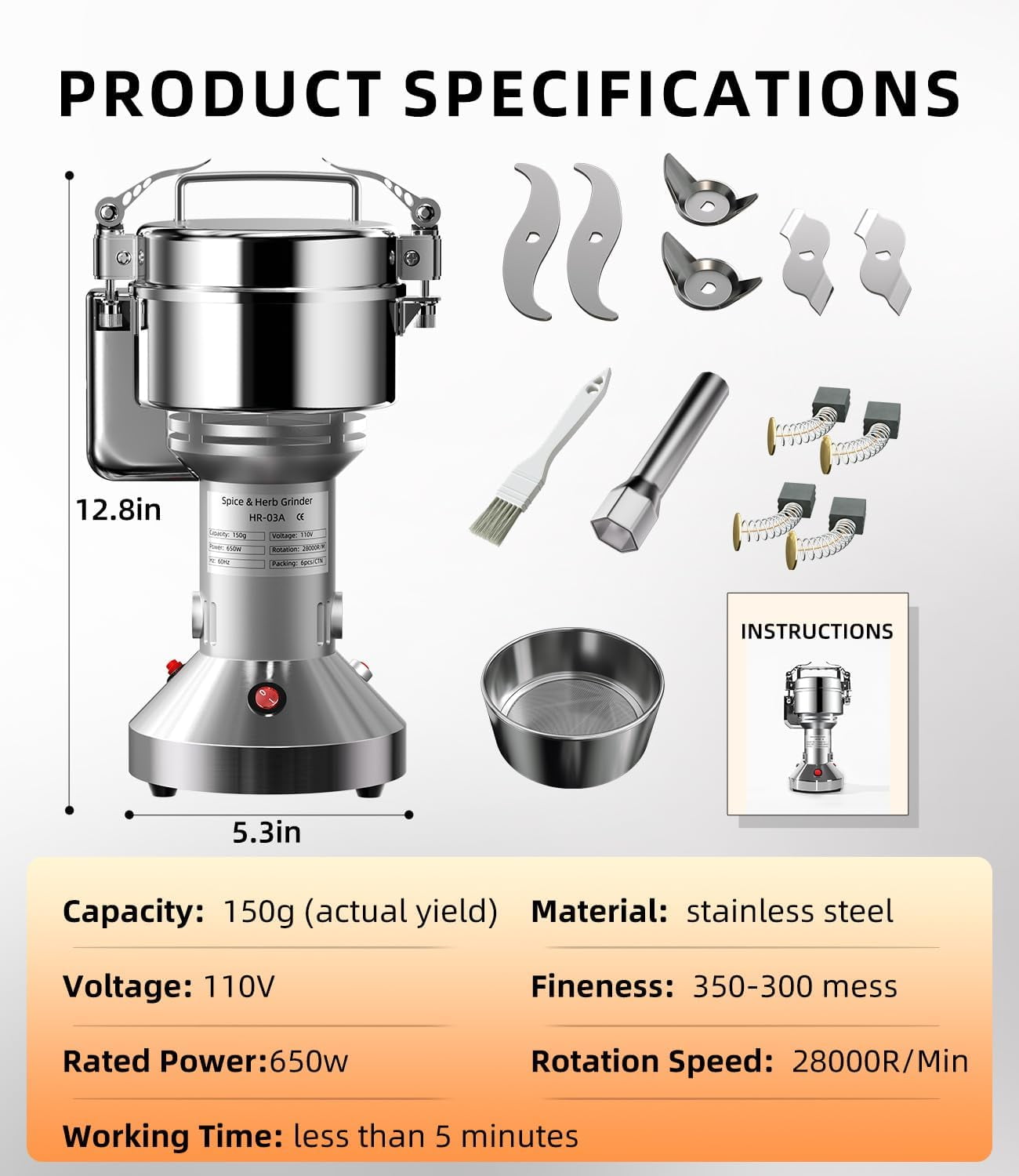 Electric Grain Mill 150g, Flour Grinder Mill Stainless Steel for Home ...