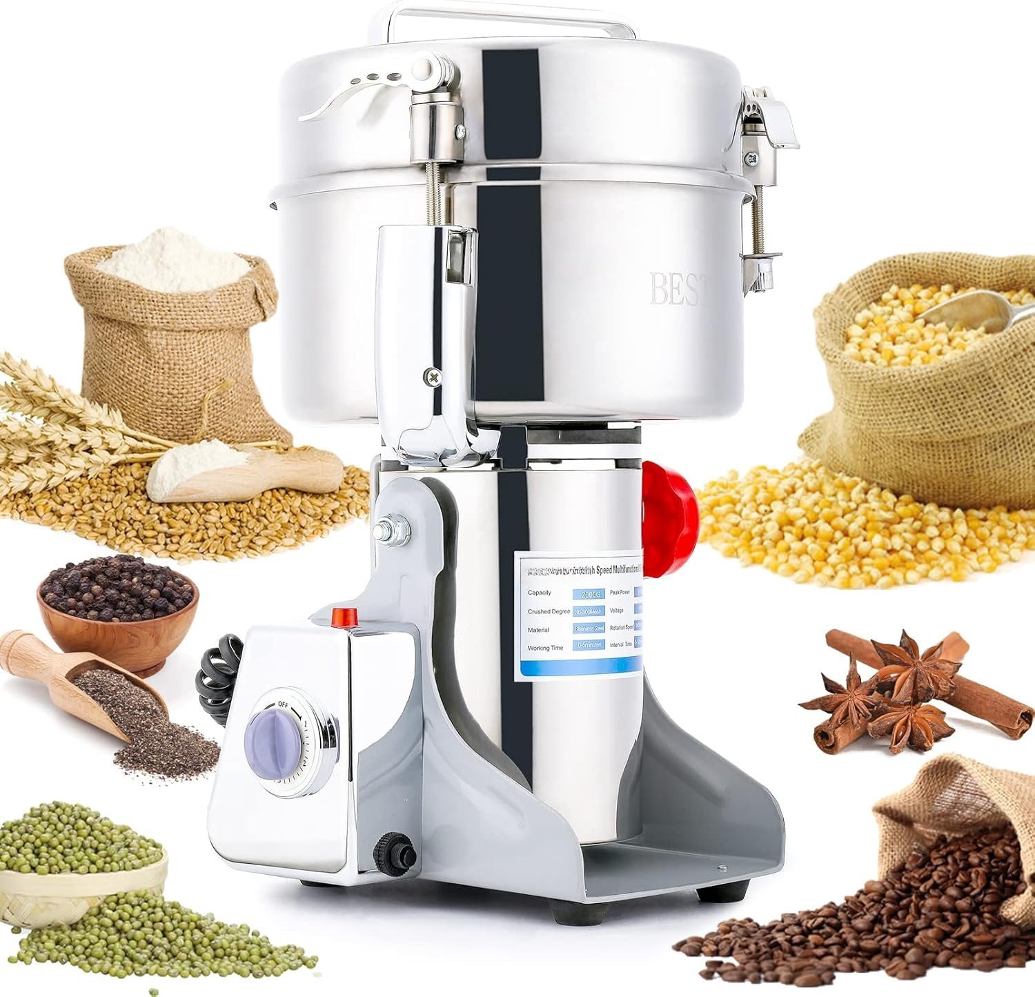 Electric Grain Mill 2000g Grain 3500W Dry Machine 304 Stainless Steel ...