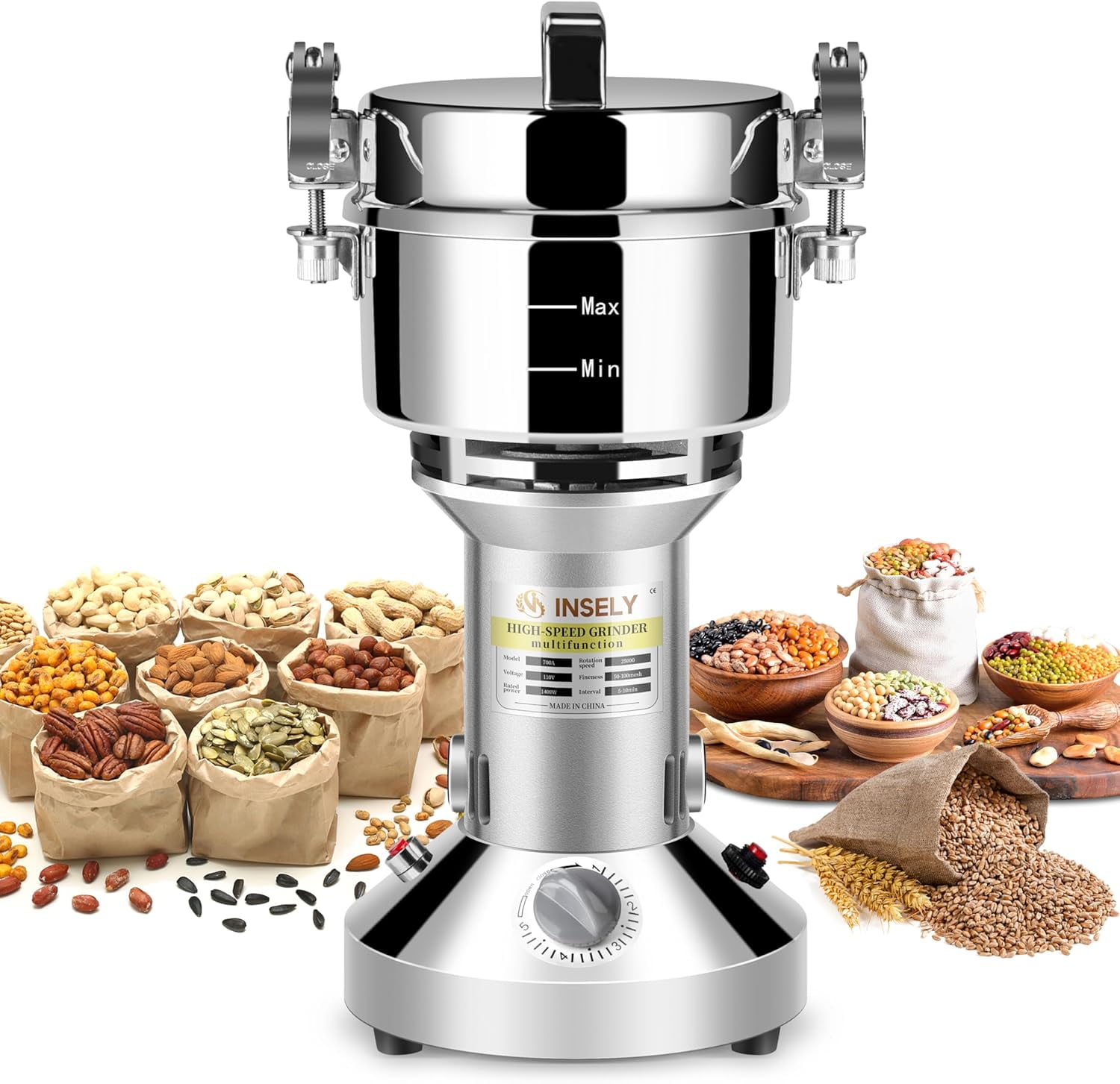 Electric Grain Mill Grinder, 700g High Speed Food Grain Mill, Stainless ...