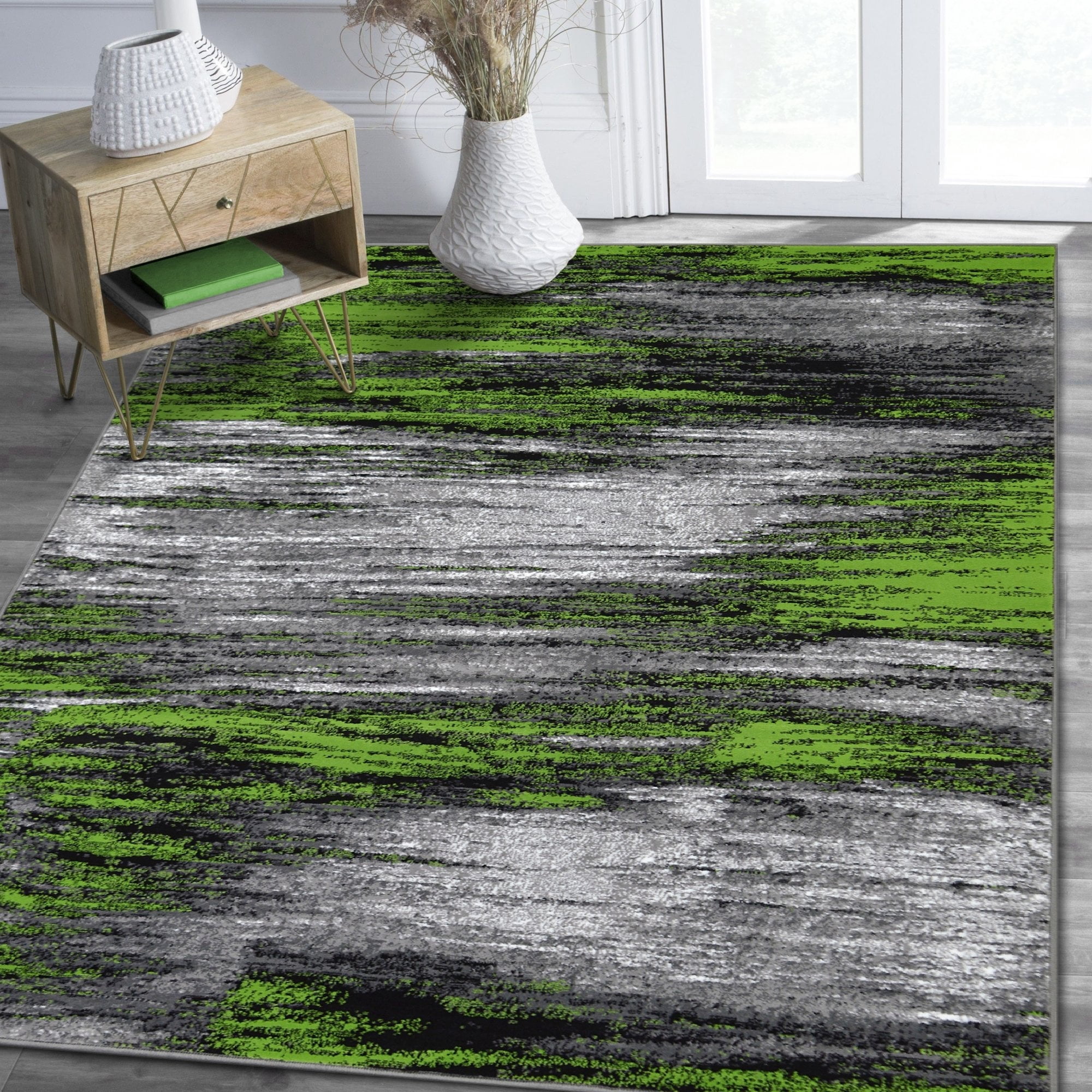 Electric Green/Grey/Silver/Black/Abstract Area Rug Modern Contemporary ...