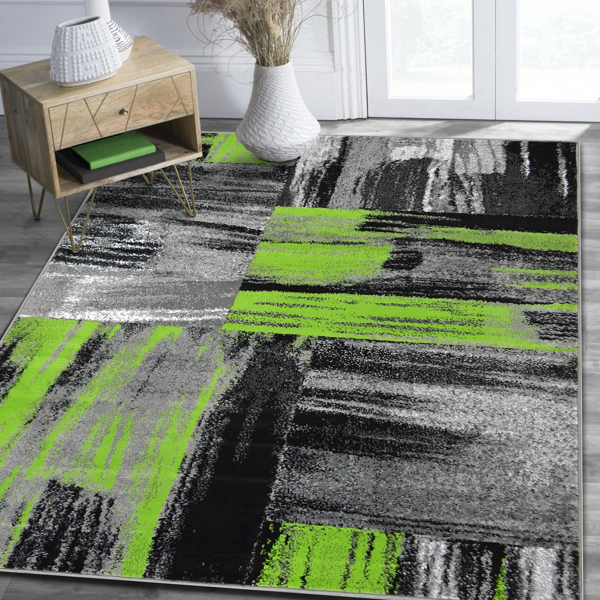 Electric Green/Grey/Silver/Black/Abstract Area Rug Modern Contemporary ...