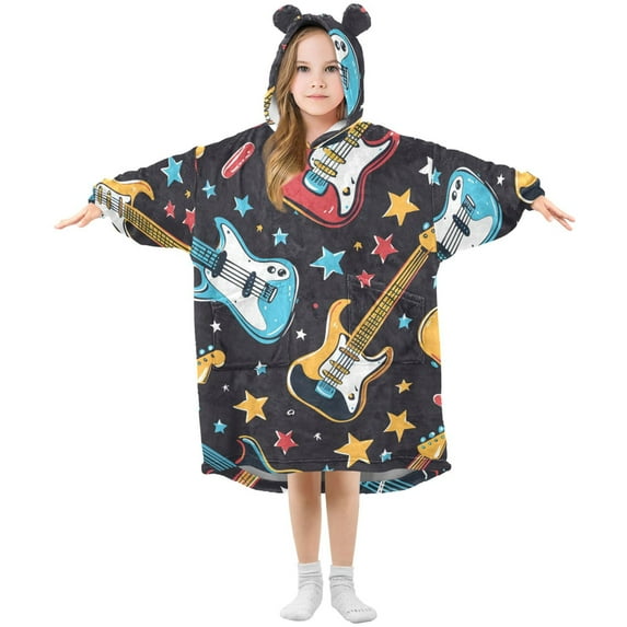 Electric Guitar Colorful Stars Cartoon Flannel Wearable Blankets Hooded Design Long Sleeves Wrap ...