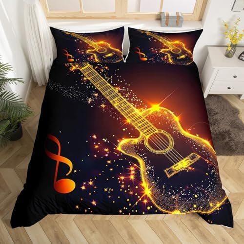 Electric Guitar Comforter Cover,Golden Music Notes Bedding Set,Musical ...