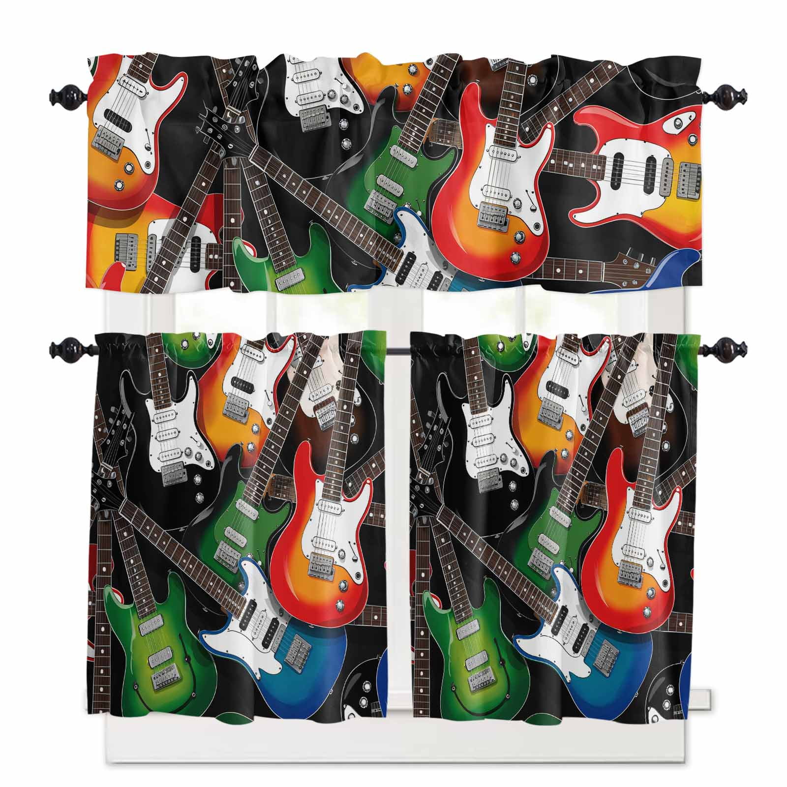 Electric Guitar Kitchen Curtains Valance and Tier Set Colorful Guitar ...