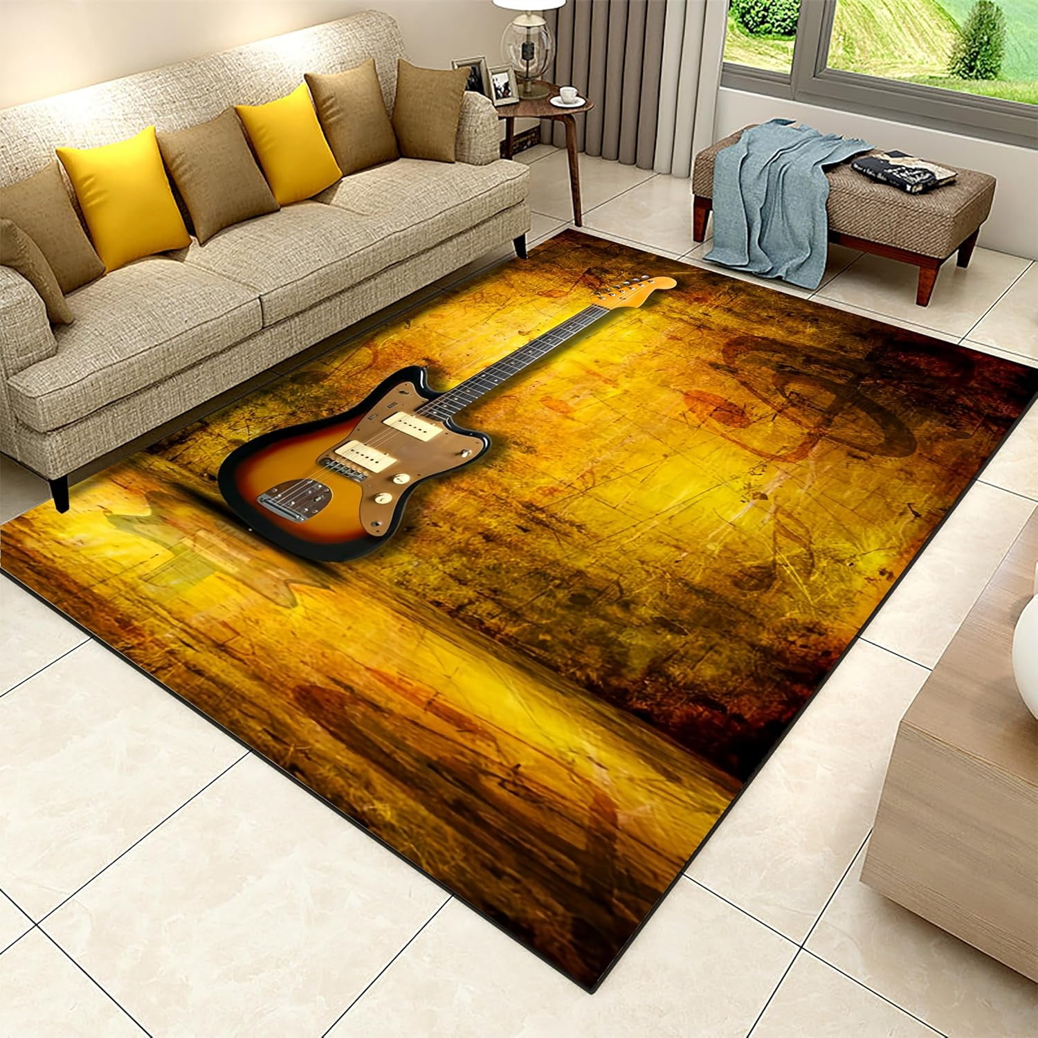 Electric Guitar Reflection Printed Area Rug,Abstract Retro Music Symbol ...