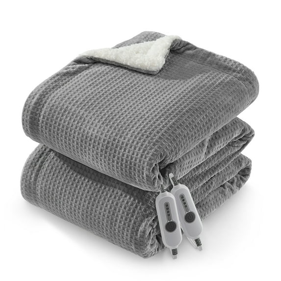 Electric Heated Blanket - Grey 90" x 100" King - Soft Flannel Waffle ...