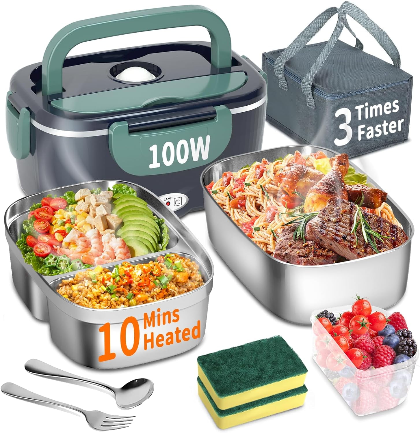 Electric Heated Lunch Box 100W - 3-IN-1 Fast Heating Lunch Boxes ...