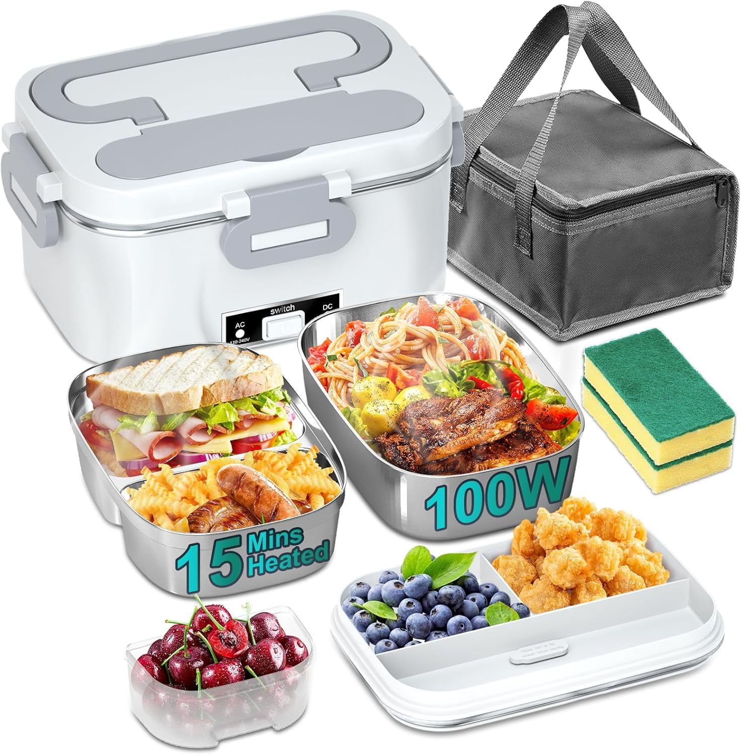 Electric Heated Lunch Box for Adults - 1.8L 100W Fast Heating Lunch Box ...