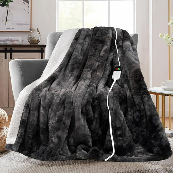 Electric Heated Throw Faux Rabbit Fur Blanket with 8 Heating Levels & 8 ...