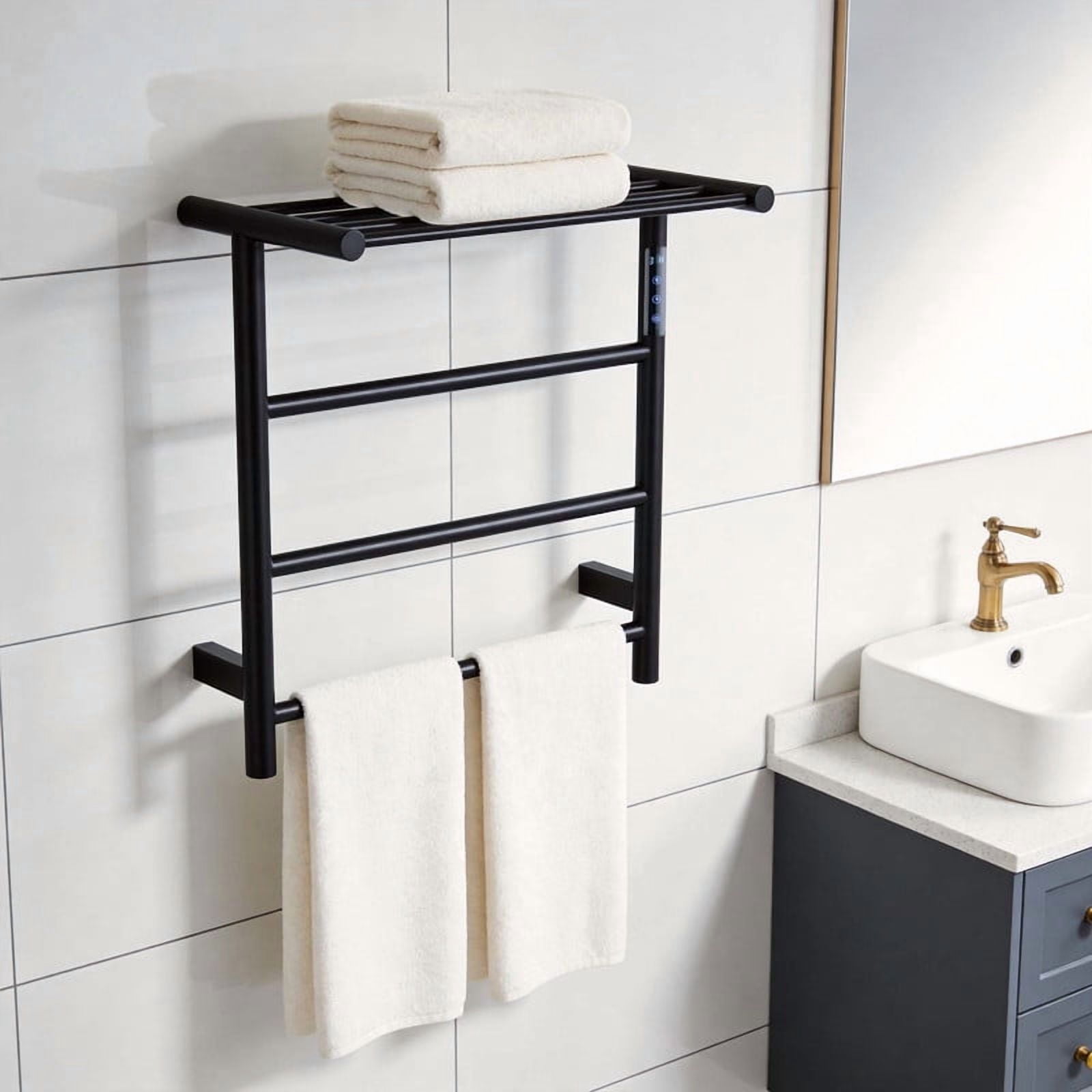 Electric Heated Towel Rack with Top Shelf, 3-Bar Stainless Steel Towel ...