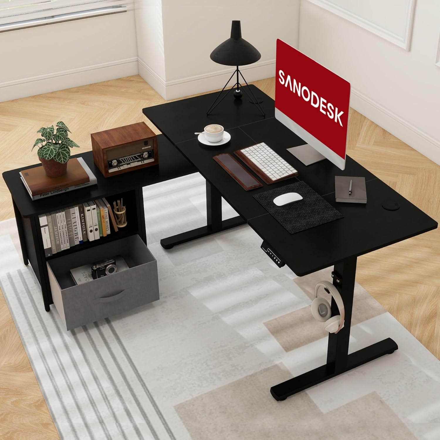 Electric Height Adjustable L Shaped Standing Desk with File Cabinet ...