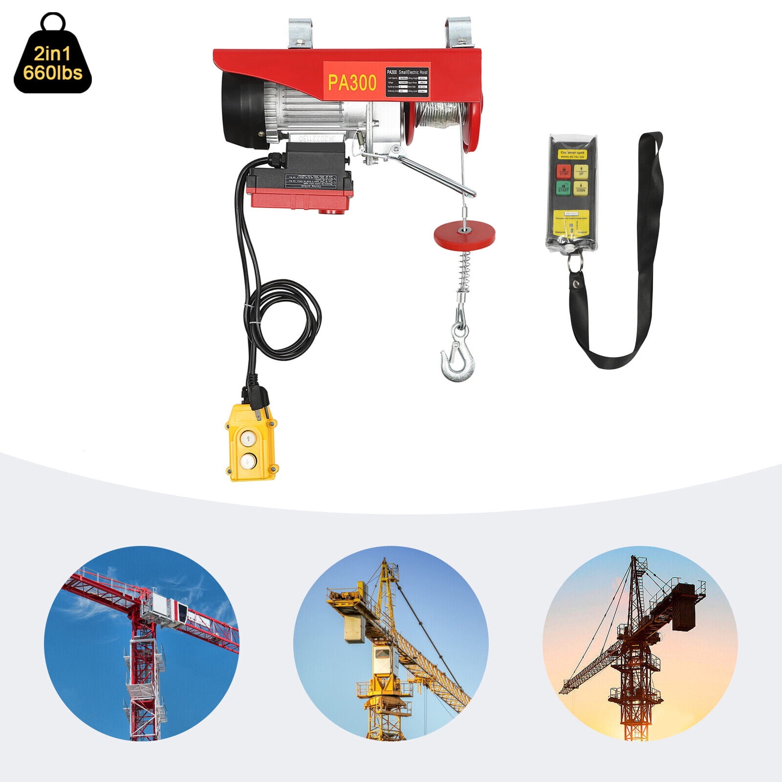 Electric Hoist 660LBS W/ Wireless Remote Control & Single/Double Slings ...