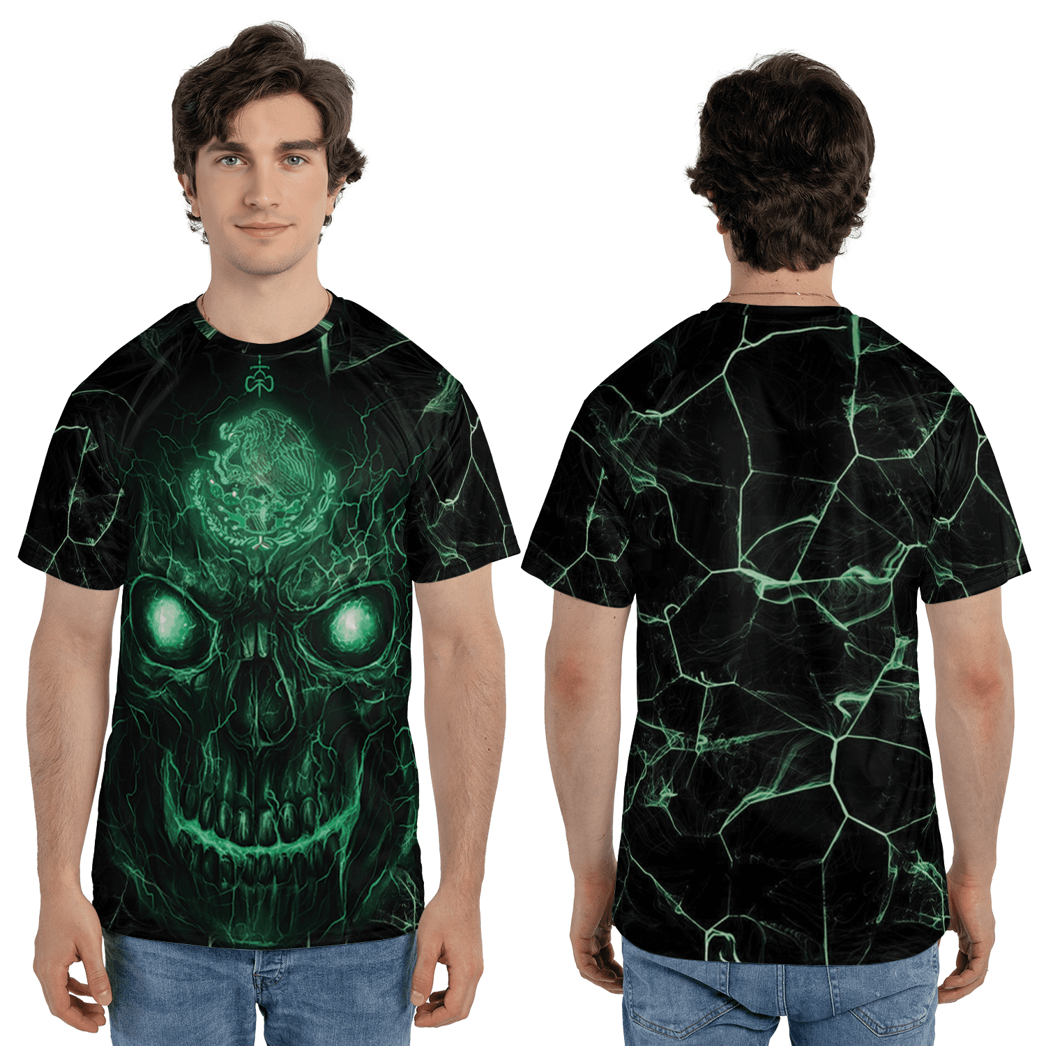 Electric Horror Face Pattern 3D Tee, Green Lightning Skull 3D T-Shirt ...