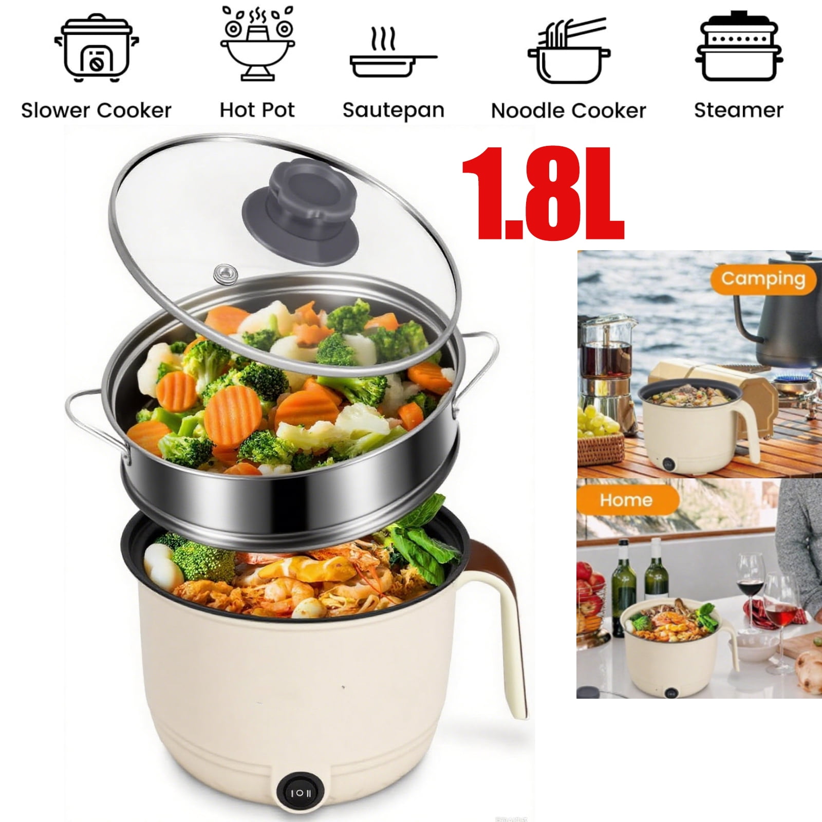 Electric Hot Pot,1.8L Electric Cooking Pot Non-Stick with Steamer ...