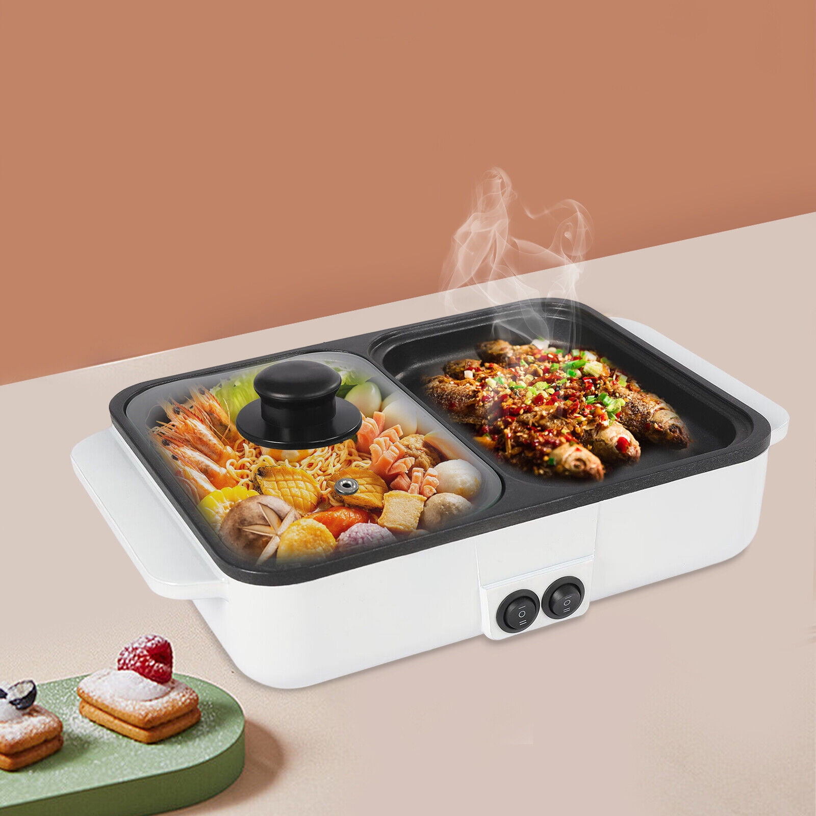 Electric Hot Pot with Grill-2 in 1 Indoor Shabu Shabu Pot, Separate Dual Temperature Control ...