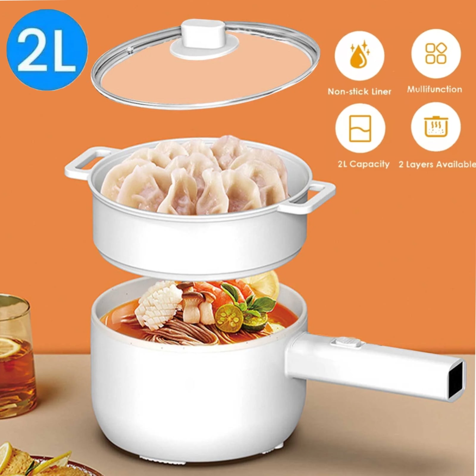 Electric Hot Pot with Steamer, 2L Ceramic Glaze Non-stick Mini Electric ...
