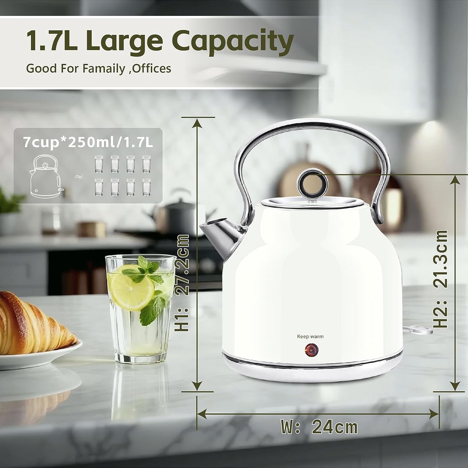 Electric Kettle – 1.7L Stainless Steel Kettle with Keep Warm Function ...