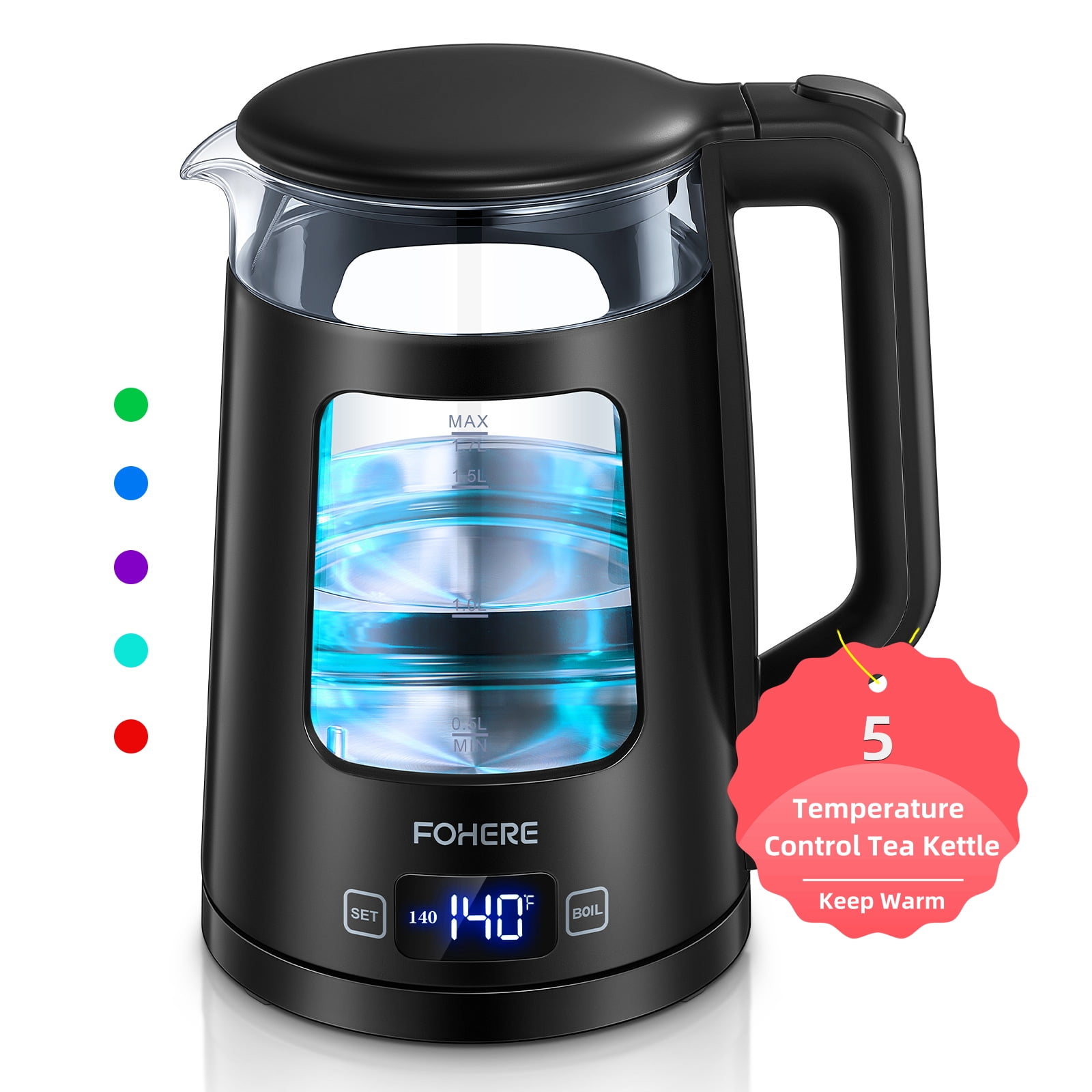 FOHERE Electric Kettle, Quick 1.7L Hot Water Pot with Variable Temp, 5 ...