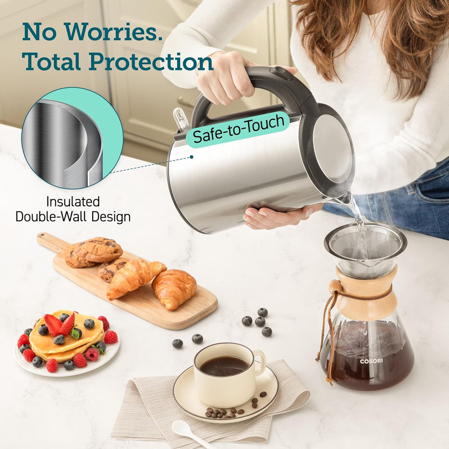 Electric Kettle, Cool-Touch Double Wall Stainless Steel Insulated ...