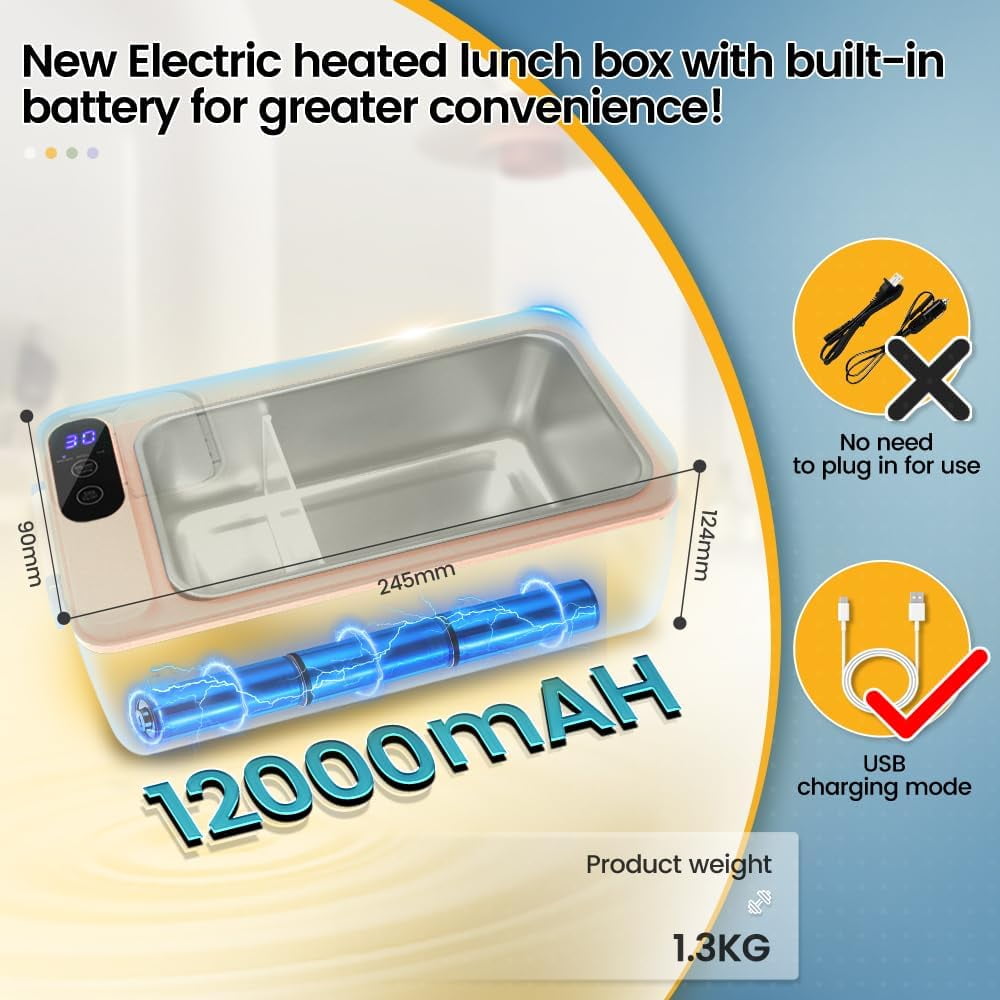 Electric Lunch Box - 1L Battery-Powered Heated Container with Tableware ...