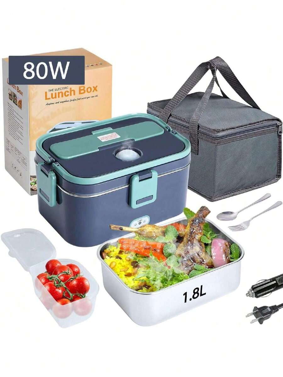 Electric Lunch Box, 80W Stainless Steel Electric Heating Lunch Box With 1.8L Container 0.45L,12V ...