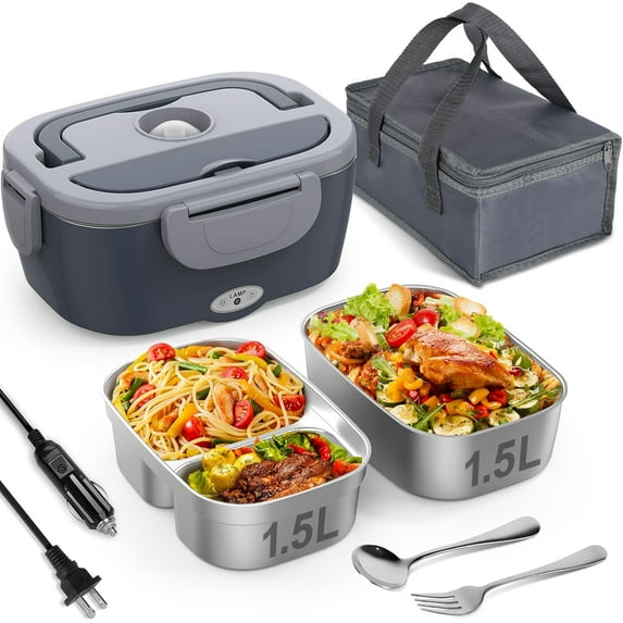 Electric Lunch Box for Adults, 80W Heated Lunch Box with Dual 1.5L Stainless Steel Containers ...