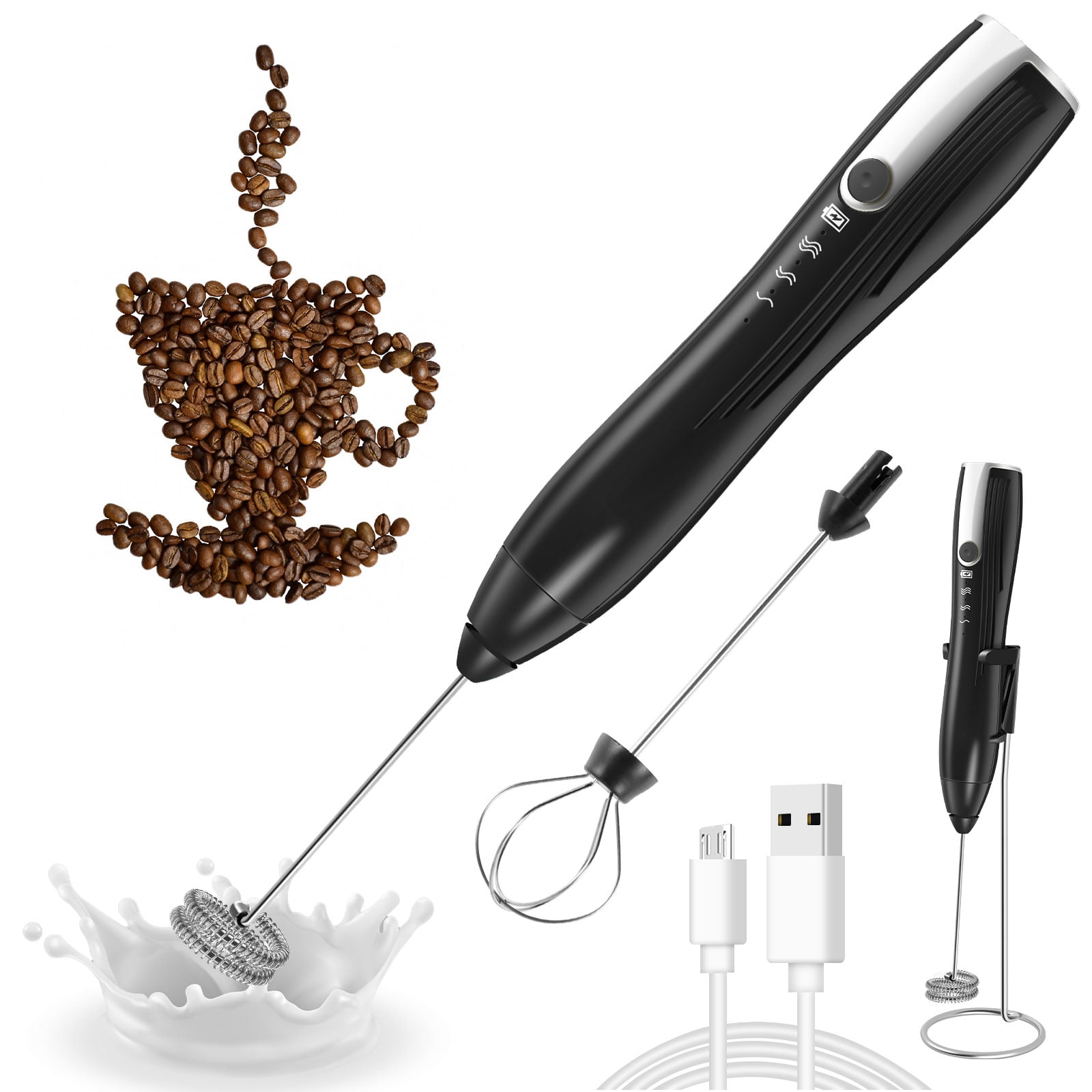 Electric Milk Frother Handheld Foam Maker with 2 Heads Type-C ...
