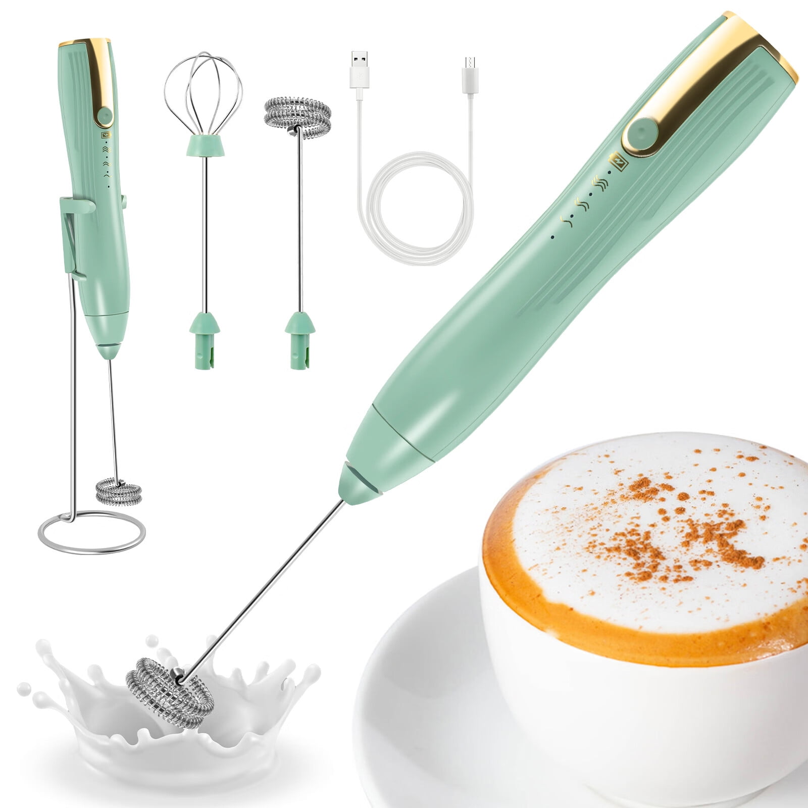 Electric Milk Frother Handheld Foam Maker with 2 Heads Type-C ...