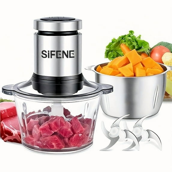 SIFENE Dual 8-Cup Food Processor, Glass & 304 Stainless Steel Bowls ...