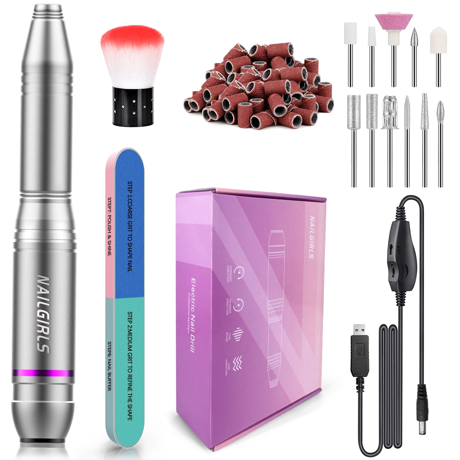NAILGIRLS Professional Electric Nail Drill Kit, Portable USB 25000RPM ...