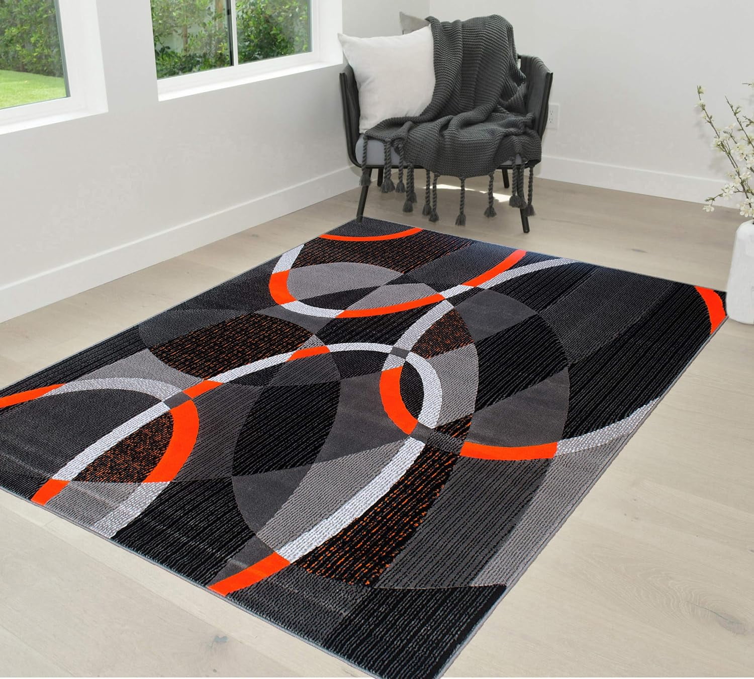 Electric Orange Abstract Area Rug - Modern Contemporary Oval/Circle ...