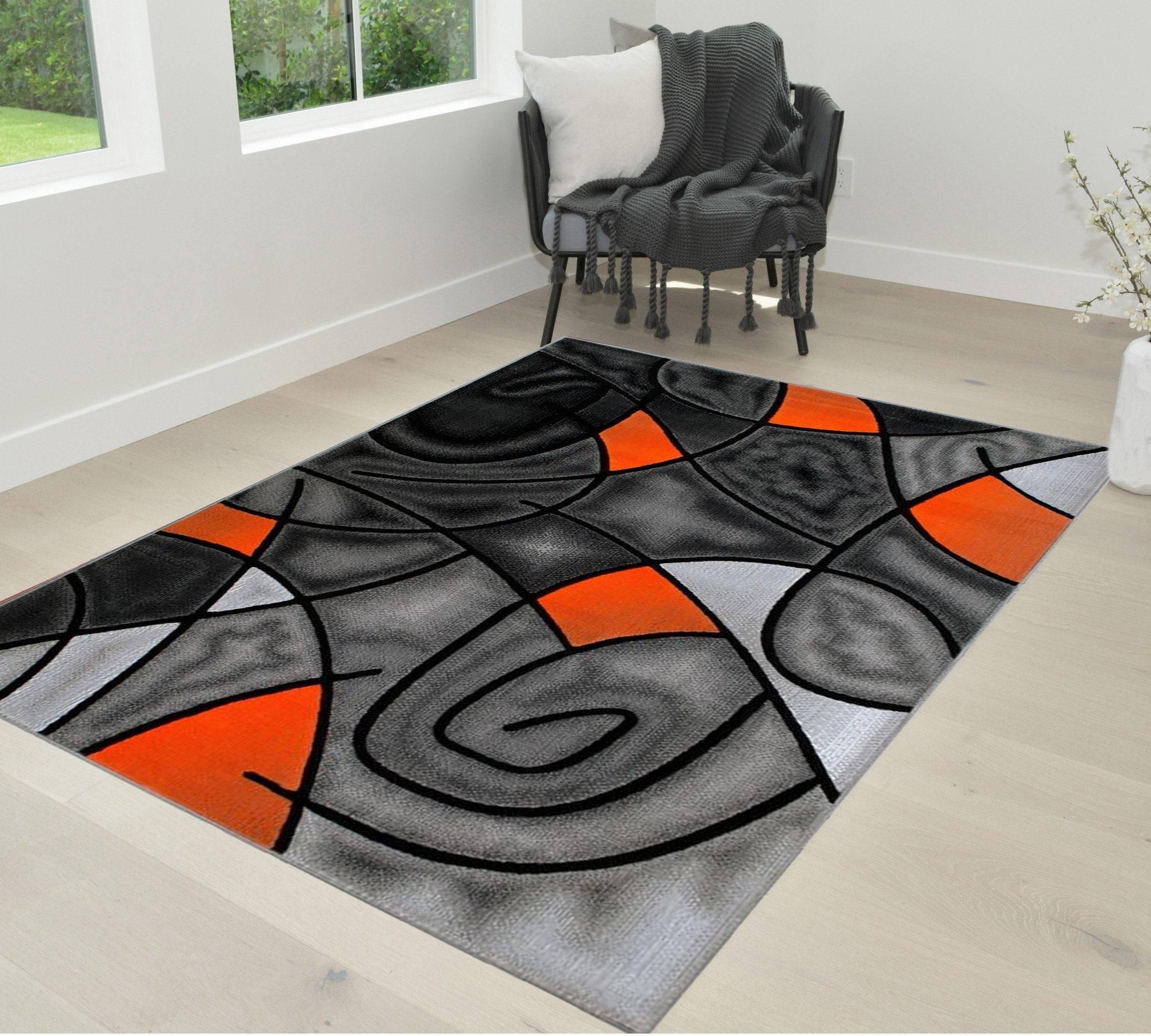 Electric Orange/Grey/Silver/Black/Abstract Area Rug Modern Contemporary ...
