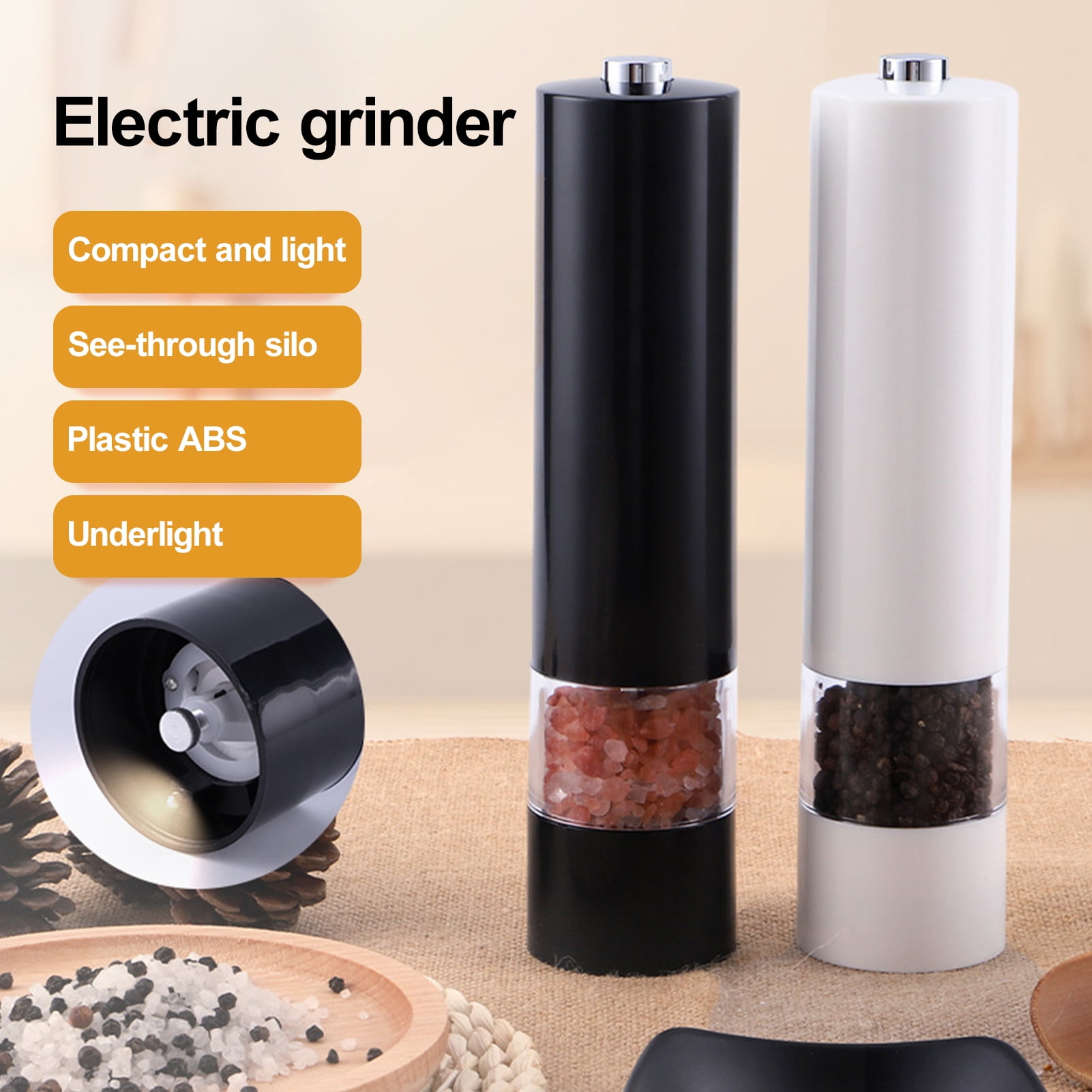 Electric Pepper Mill Adjustable Grinding Knob LED Light Single-button ...
