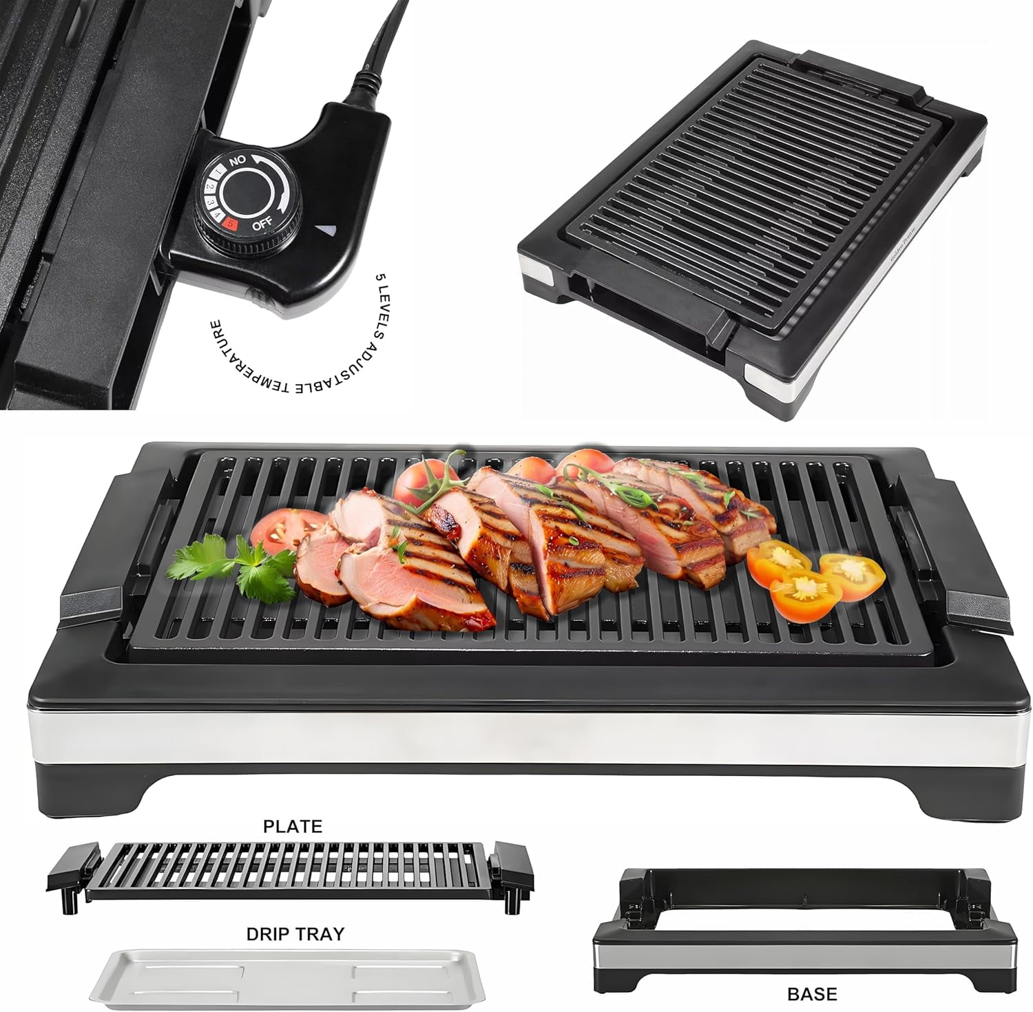 Electric Portable Smokeless Grill, 5 Levels Adjustable Temperature ...