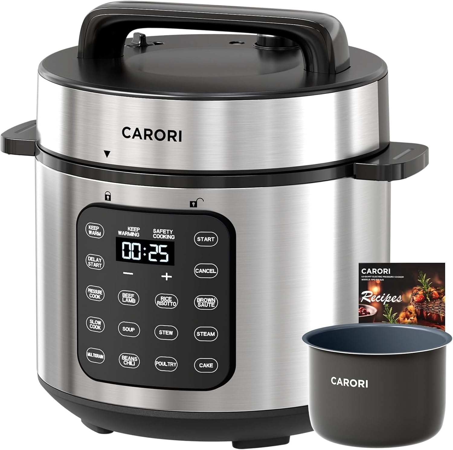 Electric Pressure Cooker 6 Quart Silver, Non-stick Pot, 9-in-1 , 12 ...